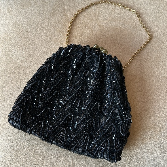 Bags | Vintage Beaded Sequined Black Mini Bag With Gold Tone Chain ...